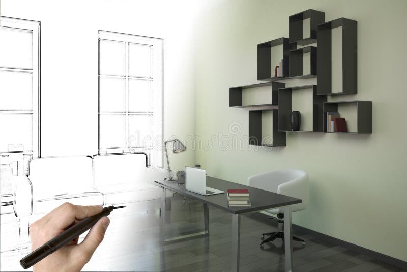 Hand Drawing Modern Office Interior Stock Illustration - Illustration ...