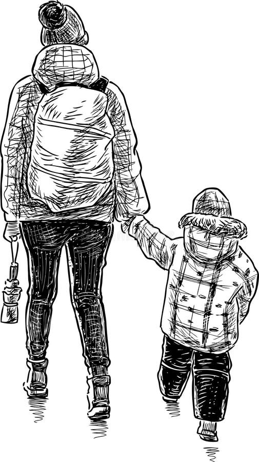 Hand Drawing of a Mother with Her Kid Going on a Stroll Stock Vector ...