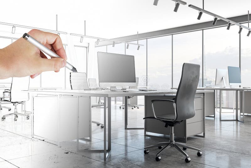 Hand Drawing Office Interior Stock Illustration - Illustration of chair ...