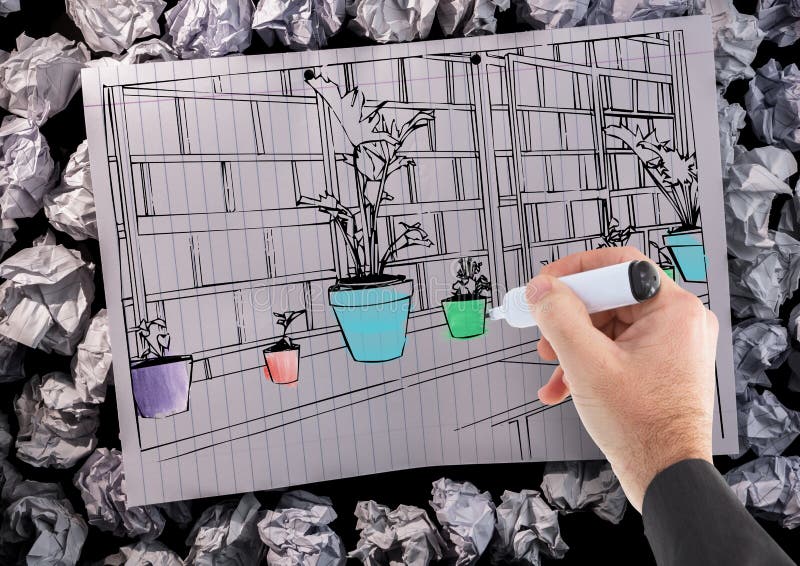 Hand Drawing Office Lines on a Paper with Details in Color Stock ...