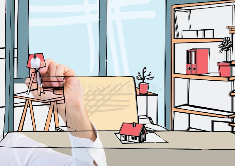 Hand Drawing Office Lines, in the Screen. with Color Stock Illustration ...