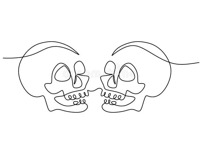 Hand Drawing One Line of Two Skull Heads Isolated on White Background ...