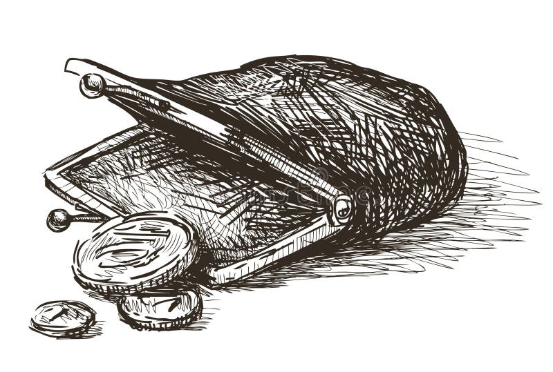 Hand Drawing of Open Old Wallet with Three Metal Coins Vector ...