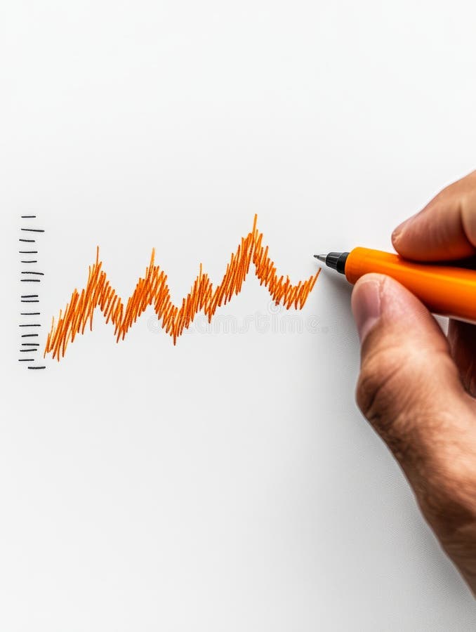 Hand Drawing an Orange Line Graph on White Paper with Pen. Stock Image ...