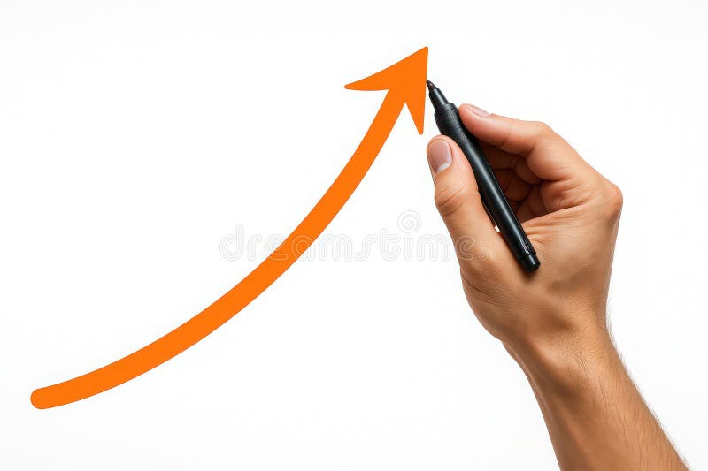 Hand Drawing an Orange Upward Arrow with Black Marker on White ...