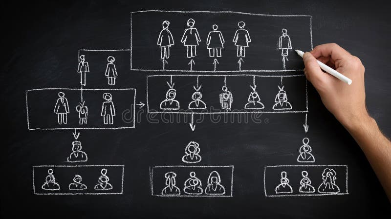 Hand Drawing Organizational Chart on Chalkboard with Figures ...