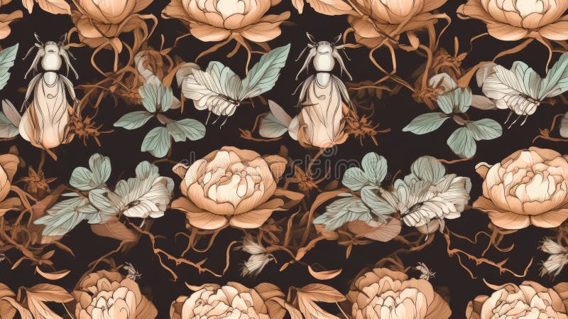 Hand Drawing, Pattern with Balsam Flowers, Tropical Beetles ...