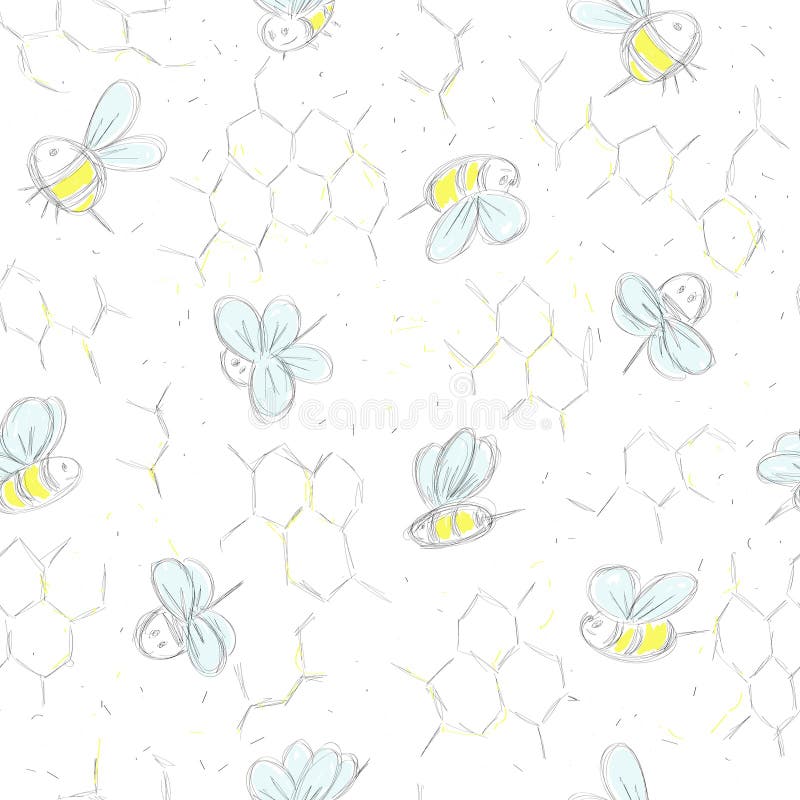 Hand Drawing Pattern with Bees and Honeycombs Stock Illustration ...