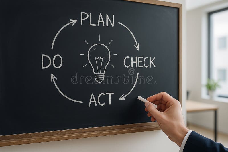 Hand Drawing PDCA Cycle with Chalk on Blackboard Surrounding a Light ...