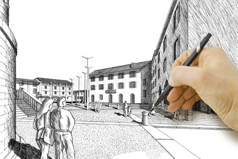 Hand Drawing with a Pencil a Sketch of an Old Italian City Stock ...