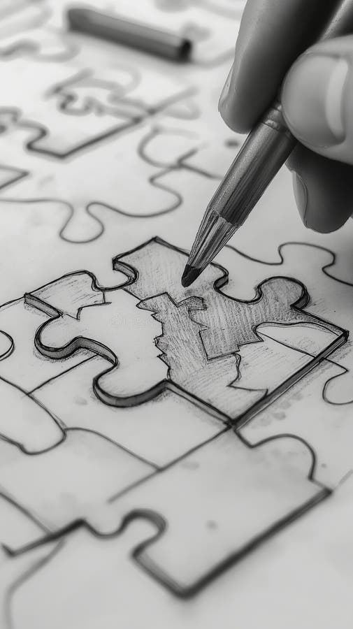 Hand Drawing Pencil Sketch of Puzzle Piece on Paper, Showcasing ...