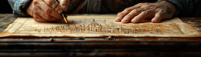 Hand Drawing Plans on Drafting Table Stock Illustration - Illustration ...