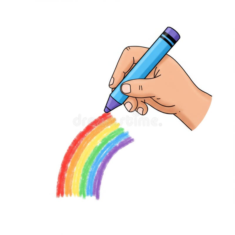 Hand Drawing a Rainbow with a Blue Crayon Stock Illustration ...