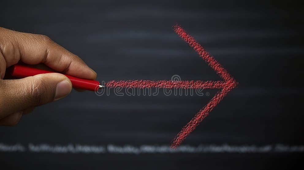 Hand Drawing a Red Arrow on a Chalkboard, Indicating Direction or ...