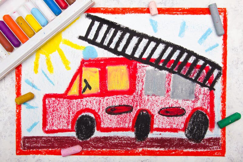 Hand Drawing: Red Fire Truck with a Ladder Stock Image - Image of ...