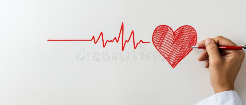 Hand Drawing Red Heart and Cardiogram on White Background Stock ...