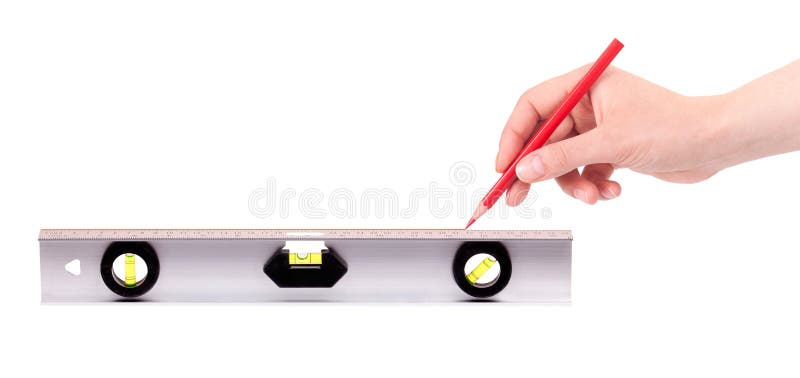 Hand Drawing Red Line Using A Spirit Level Stock Photo - Image of ...