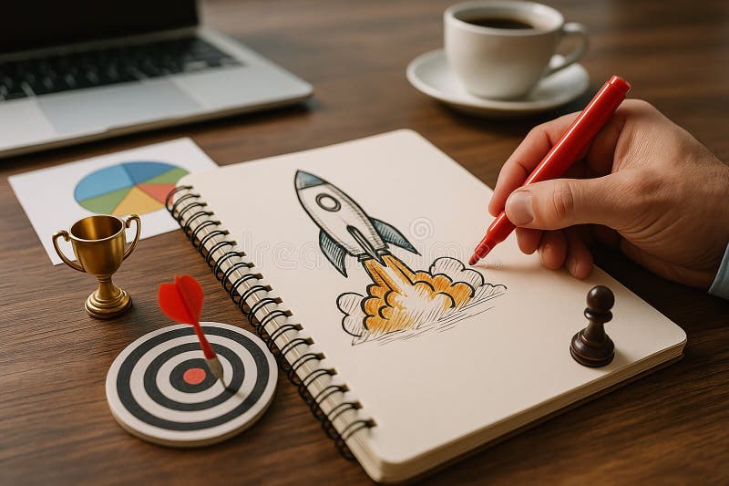 Hand Drawing Rocket Launch Sketch in Notebook with Target and Trophy on ...