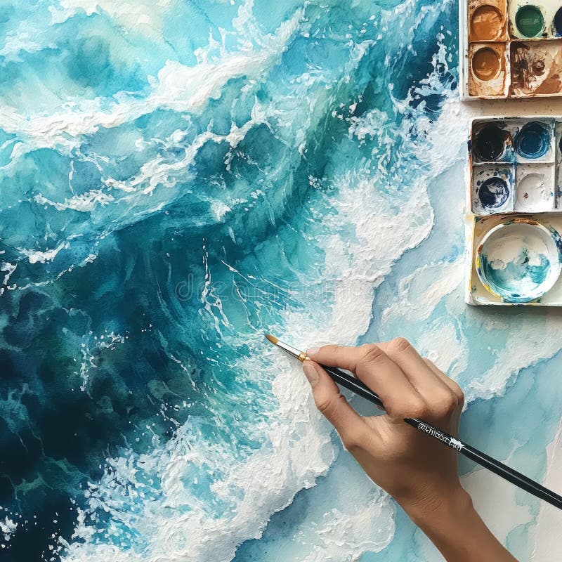 Hand Drawing a Sea Wave on Watercolor Background. Top View Stock ...
