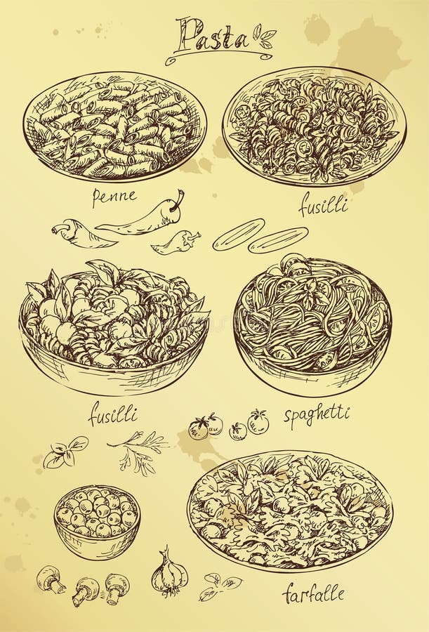 Hand drawing set of pasta stock illustration. Illustration of line ...