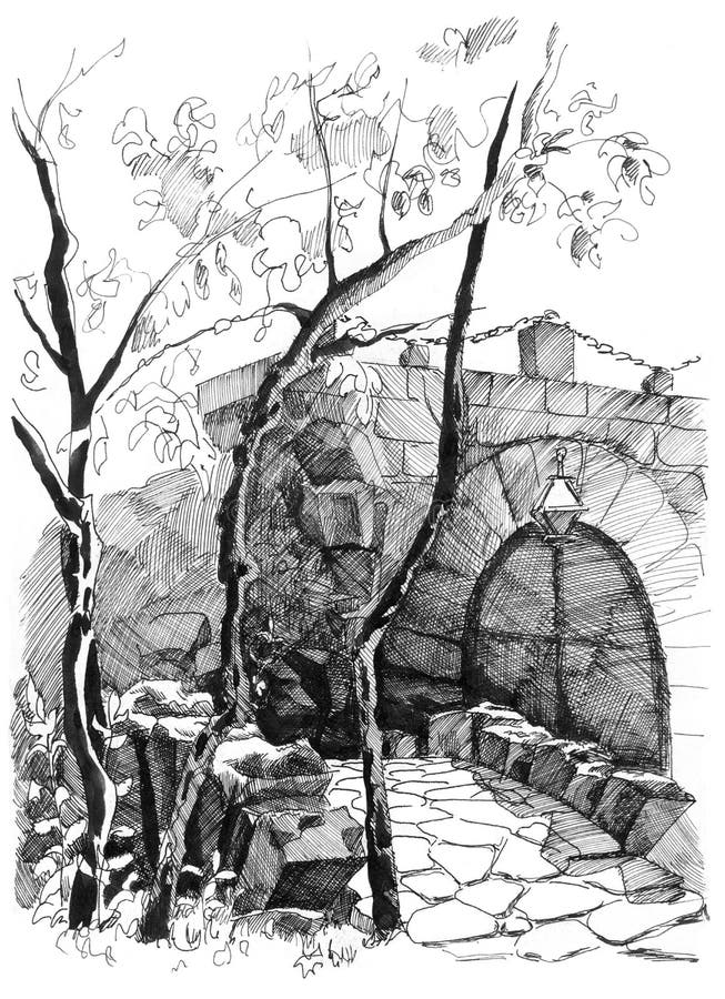 Hand Drawing Sketch Old Bridge Stock Illustration - Illustration of ...
