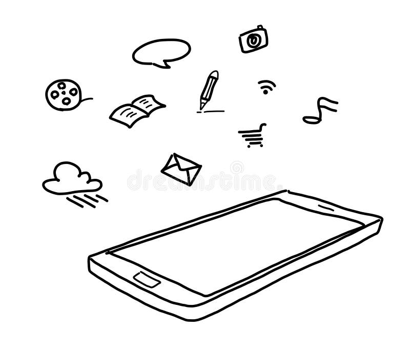 Hand Drawing Smart Phone with Social Media Stock Illustration ...