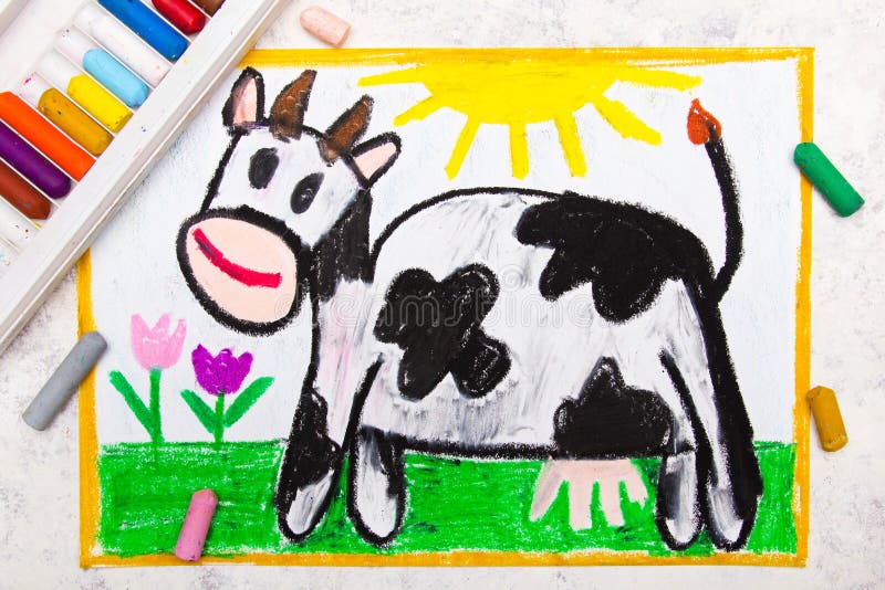 Hand Drawing: Smiling Cow in the Pasture Stock Illustration ...