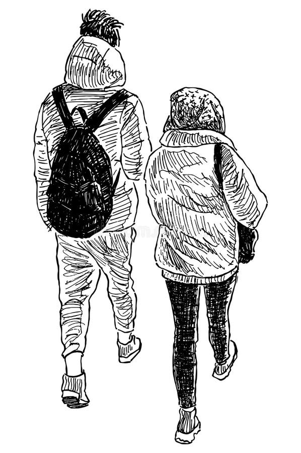 Hand Drawing of Students Couple Walking Together Down Street Stock ...