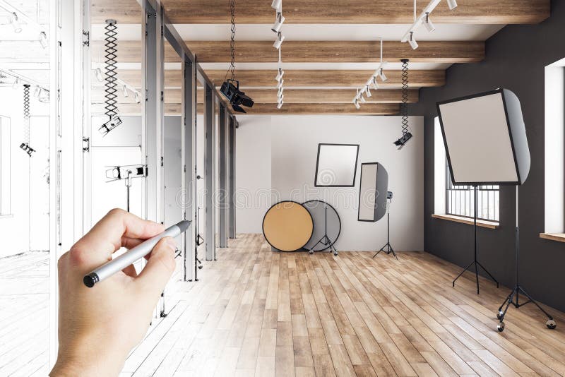 Hand drawing studio stock photo. Image of ceiling, concrete - 140899674