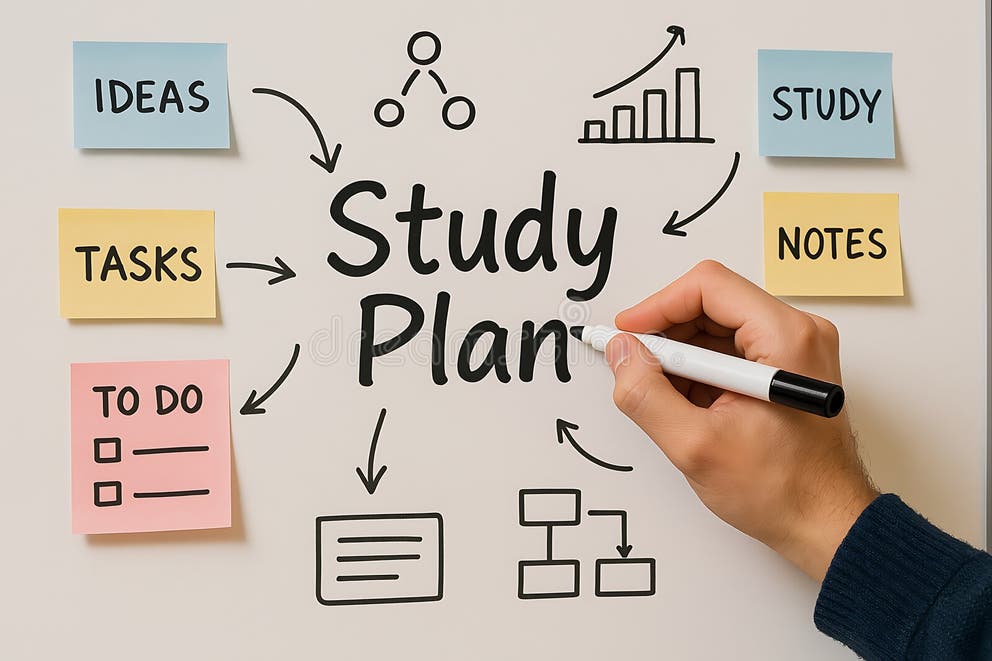 Hand Drawing a Study Plan on a Whiteboard with Notes and Task Flow ...