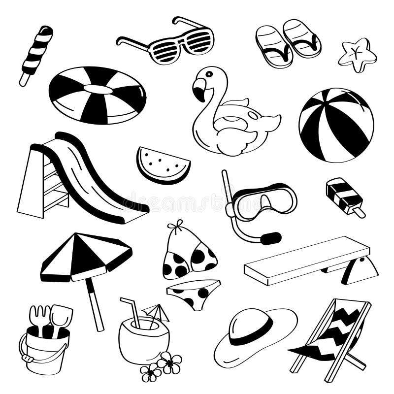 Hand Drawing Styles Pool Items. Doodle Summer with Beach Items Stock ...