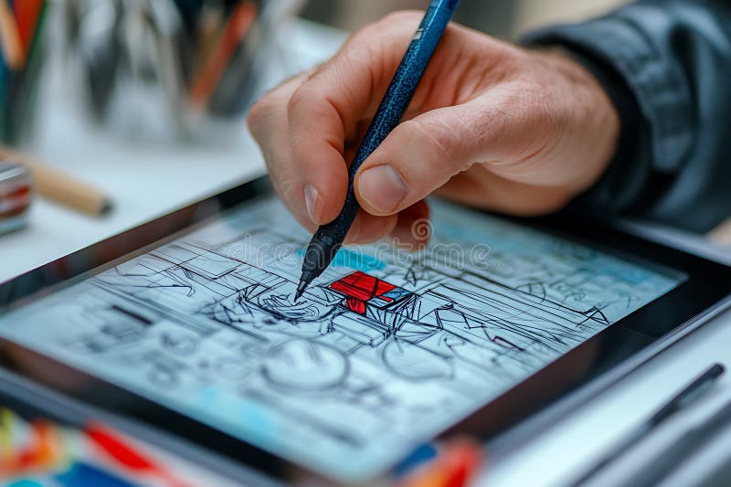 Hand Drawing on Tablet stock illustration. Illustration of graphic ...