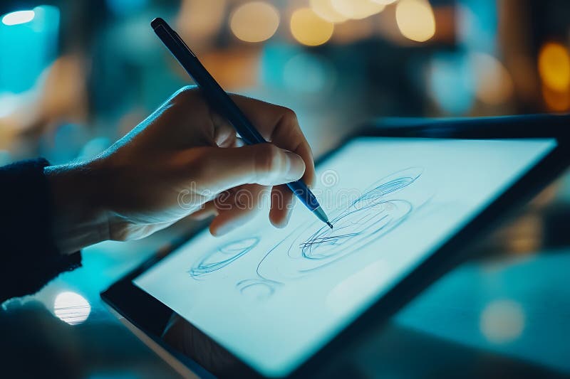 Hand Drawing on a Tablet stock illustration. Illustration of electronic ...