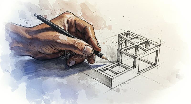 A Hand Drawing a Three Dimensional Cube Structure with a Pencil on a ...