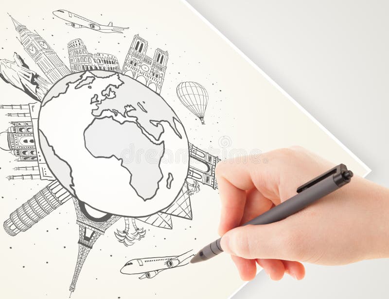 Hand Drawing Vacation Trip Around the Earth with Landmarks and C Stock ...