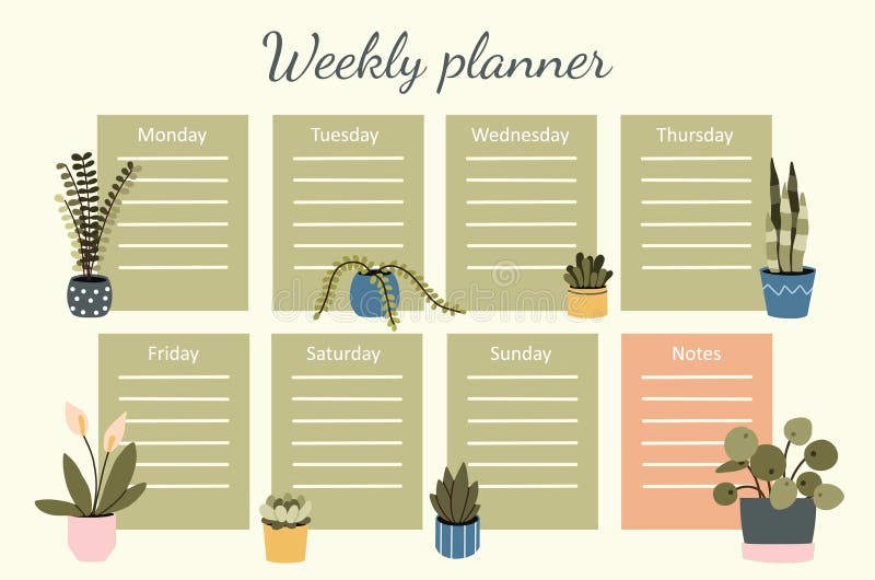 Hand Drawing Vector Weekly Planner with Plants. daily Organizer Stock ...