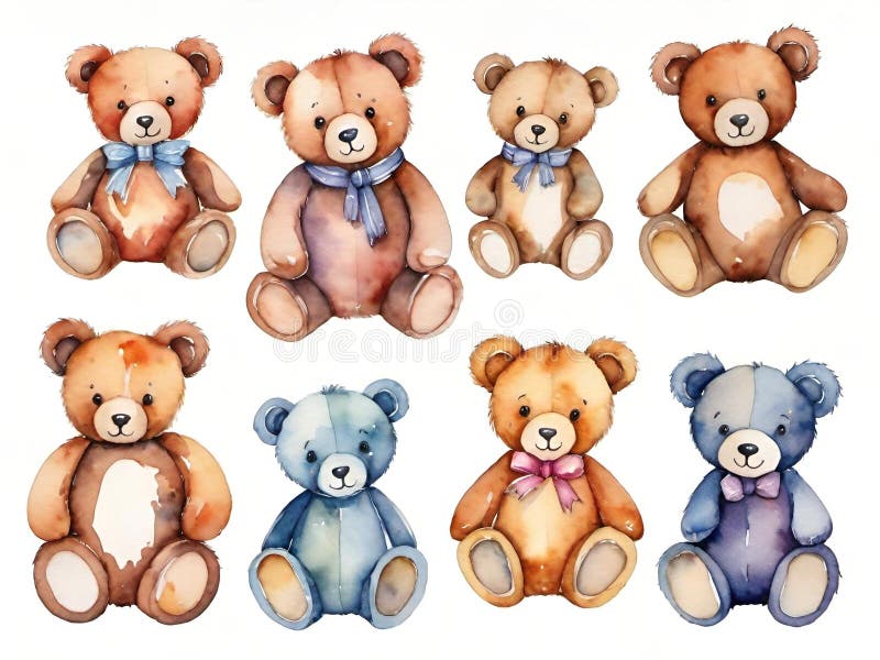Hand Drawing Watercolor Illustration Set of Bears. Hand Drawn ...