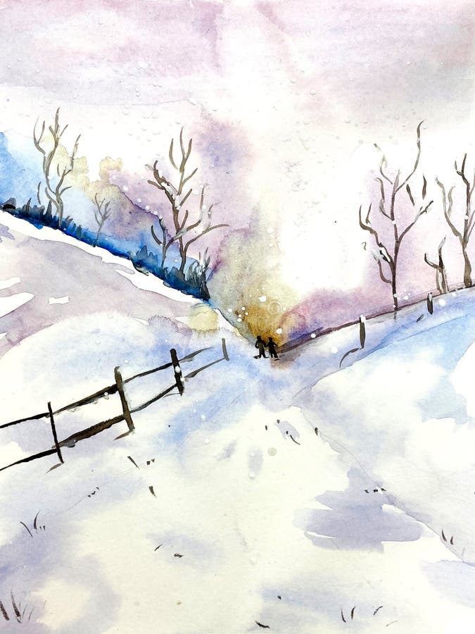 Hand Drawing Watercolor Winter Landscape Stock Illustration ...