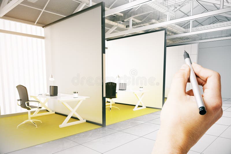 Hand Drawing Workplace Interior Stock Illustration - Illustration of ...