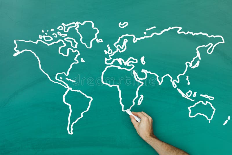 Hand Drawing World Map on Blackboard Stock Image - Image of earth ...