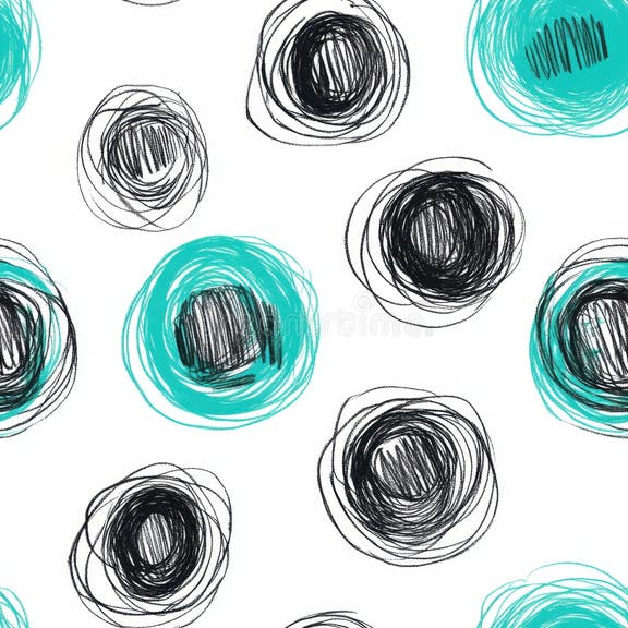 Hand-Drawn Abstract Circles Pattern with Black and Turquoise Scribbles ...