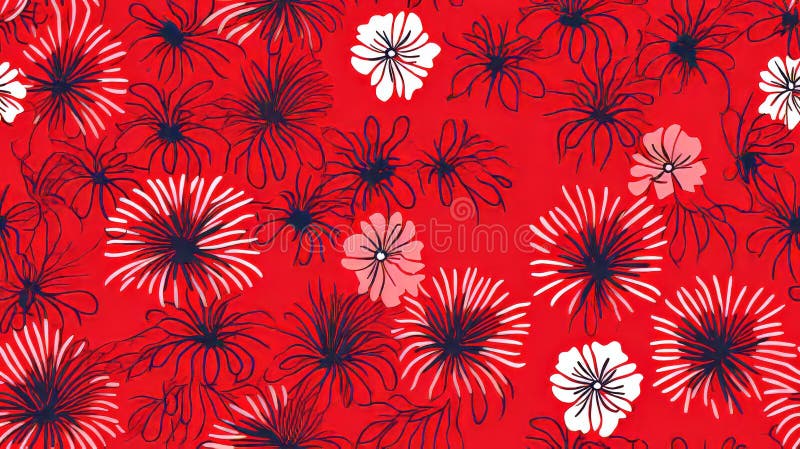 Hand Drawn Abstract Flowers Seamless Pattern on Red. Repeating Floral ...