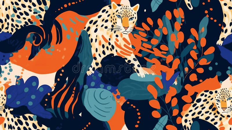 Hand Drawn Abstract Jungle Pattern with Leopards. Creative Collage ...