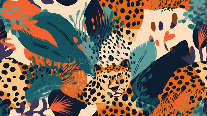 Hand Drawn Abstract Jungle Pattern with Leopards. Creative Collage ...