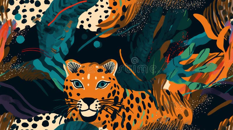 Hand Drawn Abstract Jungle Pattern with Leopards. Creative Collage ...