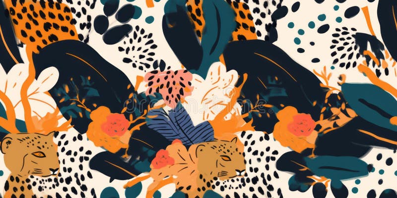 Hand Drawn Abstract Jungle Pattern with Leopards. Creative Collage ...