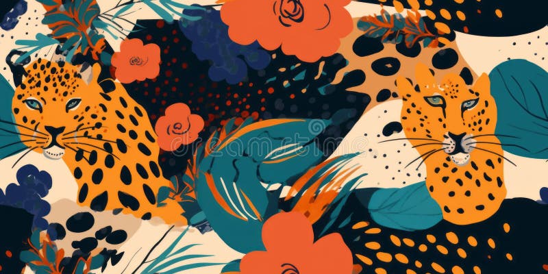 Hand Drawn Abstract Jungle Pattern with Leopards. Stock Illustration ...