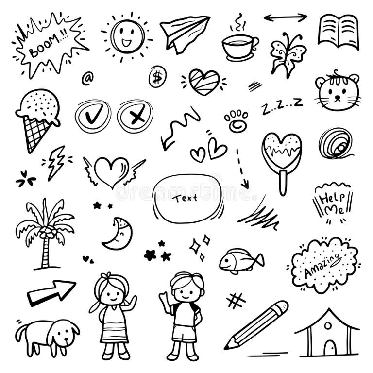 Hand Drawn Abstract Thin Line Doodle Set of Objects Stock Illustration ...