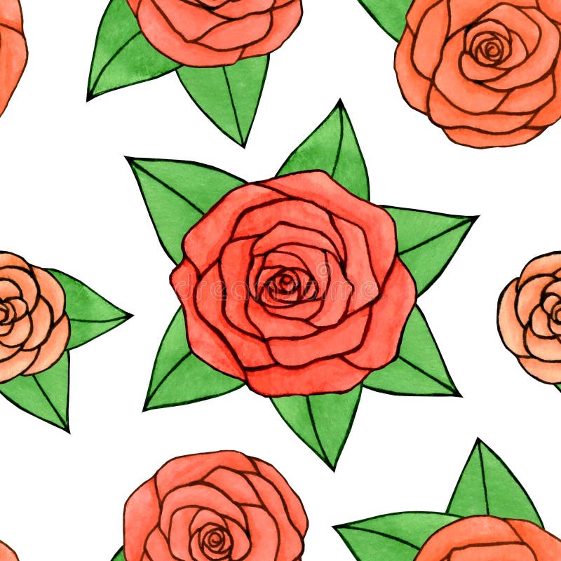 Hand Drawn Abstract Watercolor and Ink Rose with Leaves Seamless ...