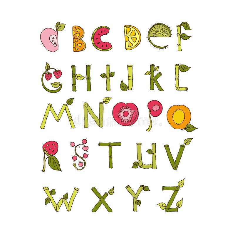 Hand Drawn Alphabet - Nature and Fruits Stock Vector - Illustration of ...